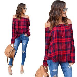 Tops | Red Off Shoulder Plaid Shirt | Poshmark